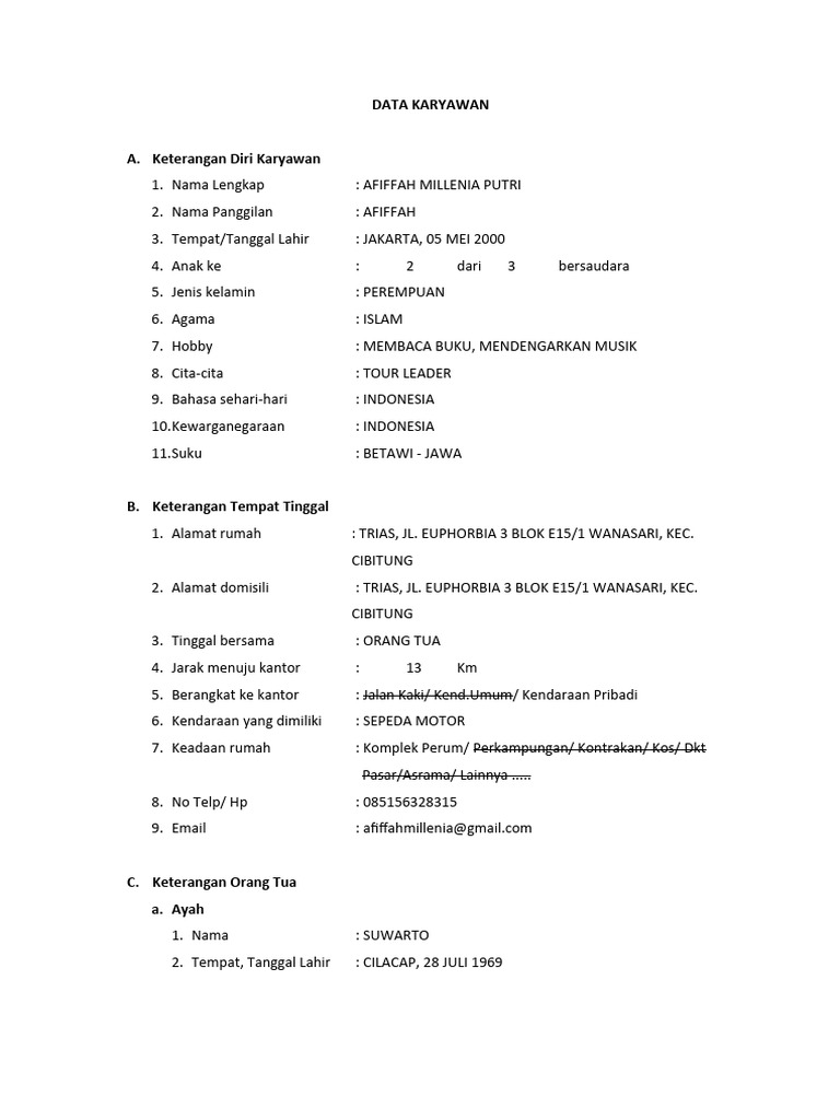 Form Data Karyawan Konseling - Afiffah Millenia Putri | PDF | Kesehatan ...