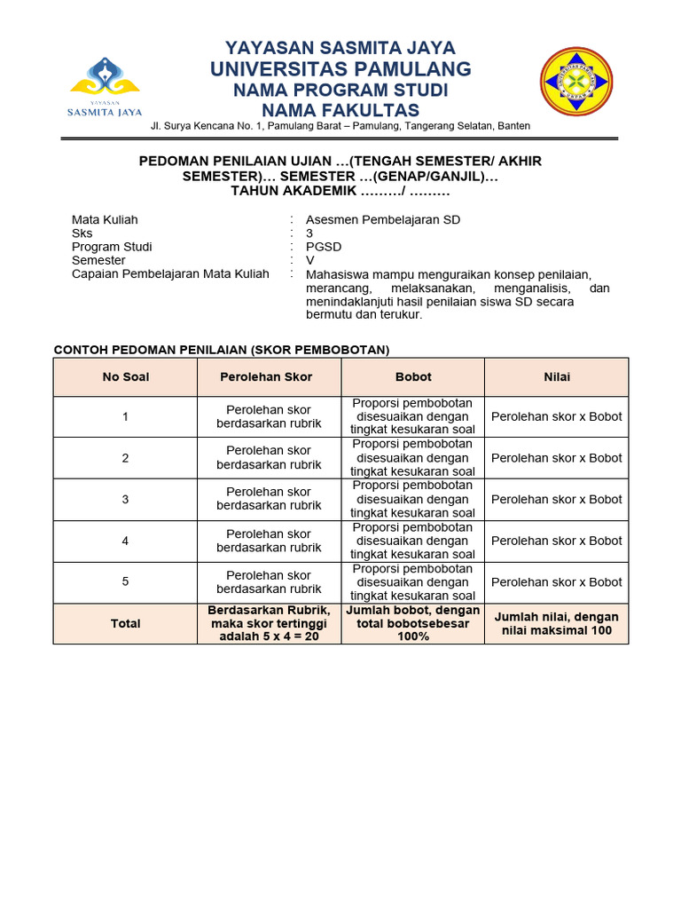 Template Pedoman Penilaian Uas | PDF