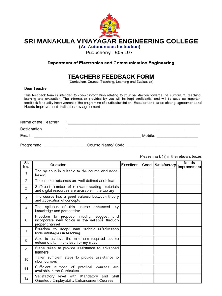 Teacher Feedback Form for Curriculum Evaluation | PDF | Curriculum ...