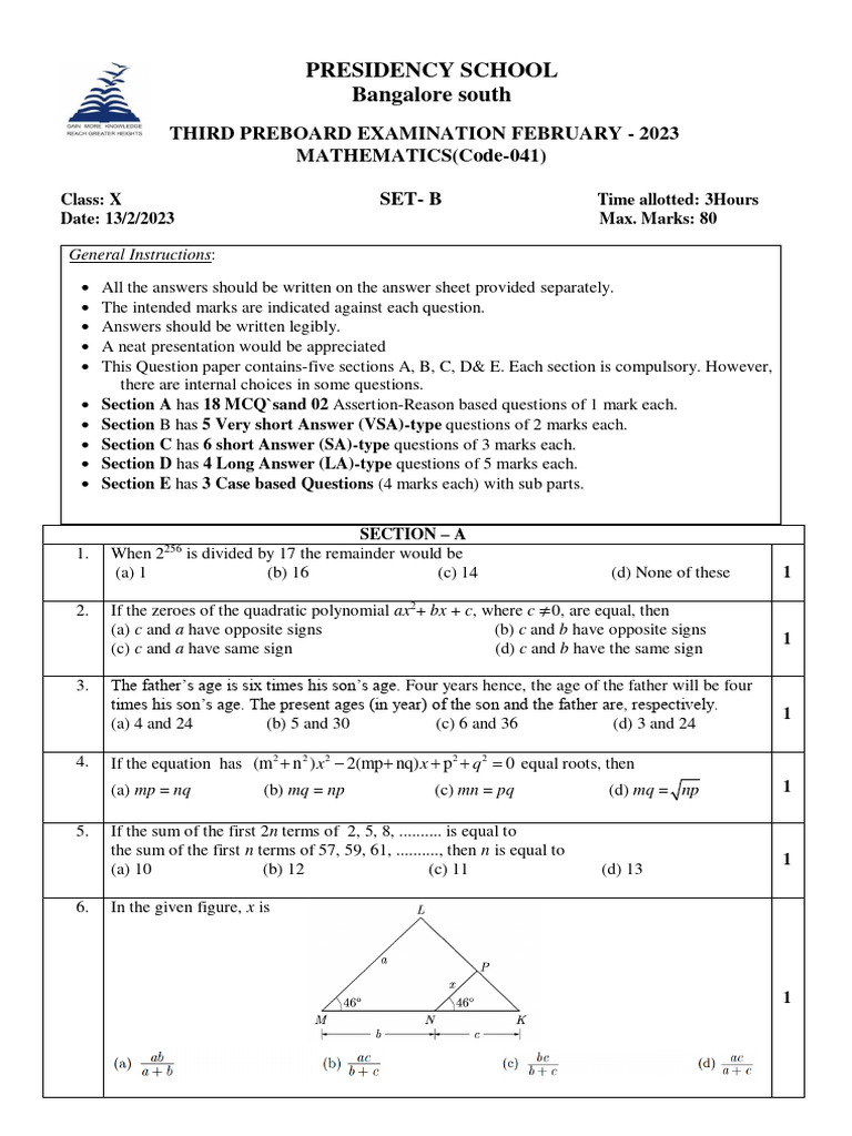 G10 Standard - Iii Preboard 2022-23 - QP (Set B) | Download Free PDF | Circle | Euclid