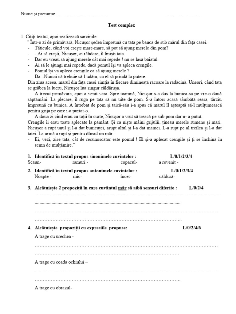 test cl VI unitatea 1 POMUL | PDF