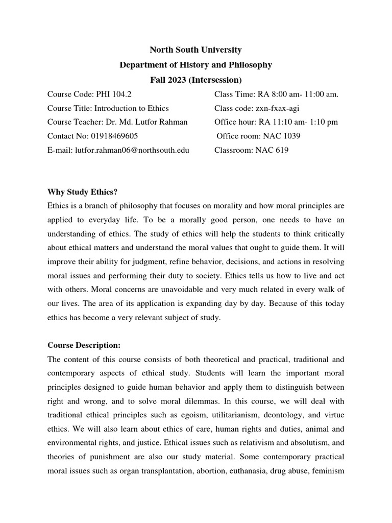 PHI 104 Course Outline - Fall (Intersession) 2023 | PDF | Morality ...