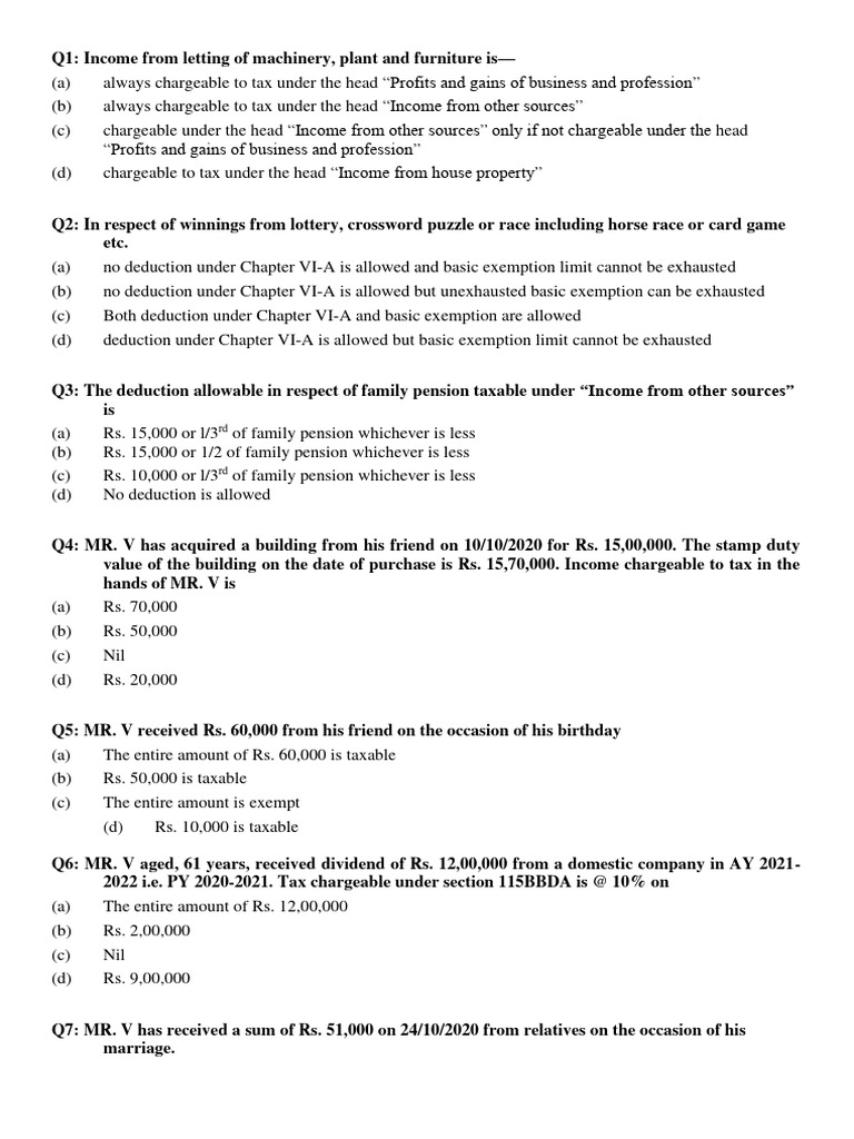 TAXATION CLASS 11 Other Source MCQ | Download Free PDF | Dividend | Tax Deduction