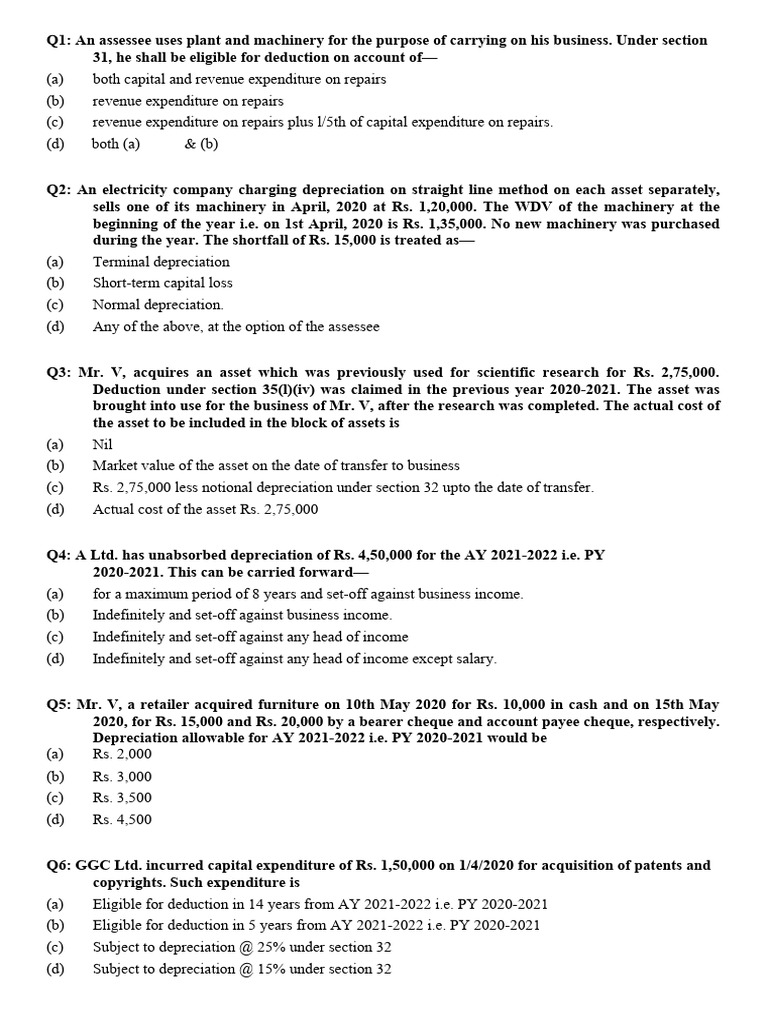 Taxation Class 11 QP PT 3 | PDF | Depreciation | Tax Deduction