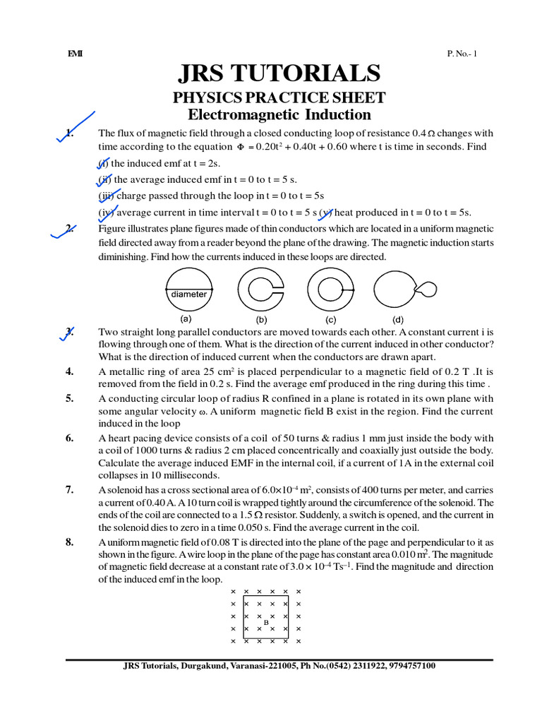 Jrs Tutorials: Physics Practice Sheet Electromagnetic Induction | PDF ...