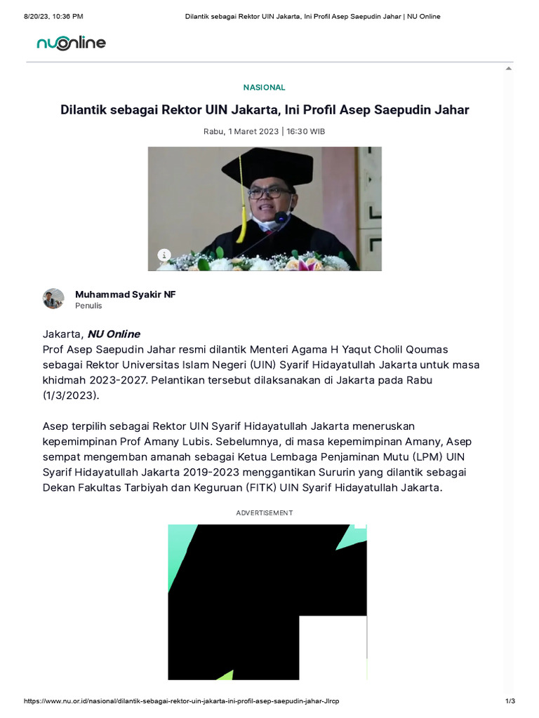 Profil Rektor UIN Jakarta Asep Saepudin | PDF