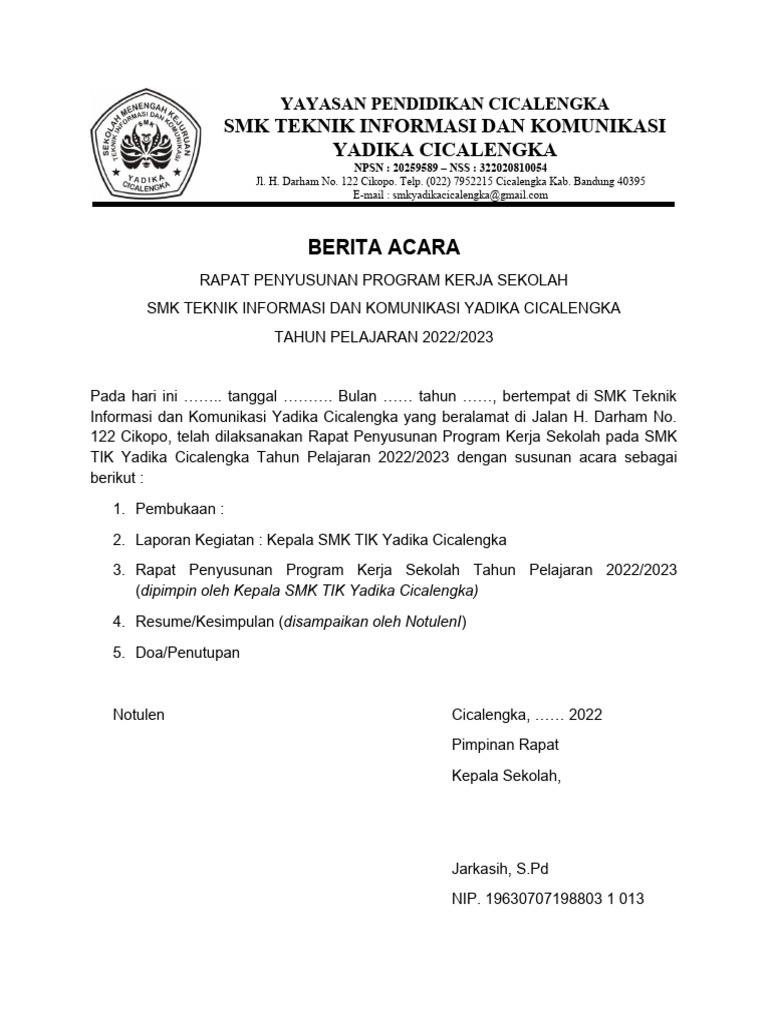 Berita Acara Rapat Program Kerja Sekolah | PDF