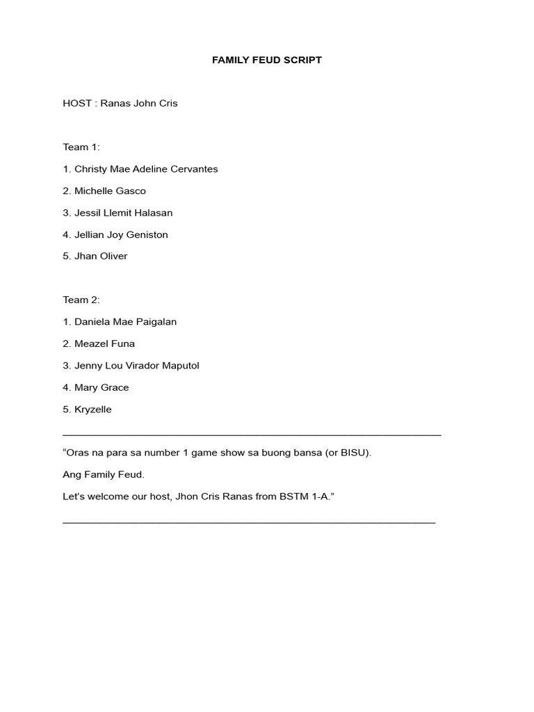 Family Feud Script | PDF | Political Economy | Market (Economics)