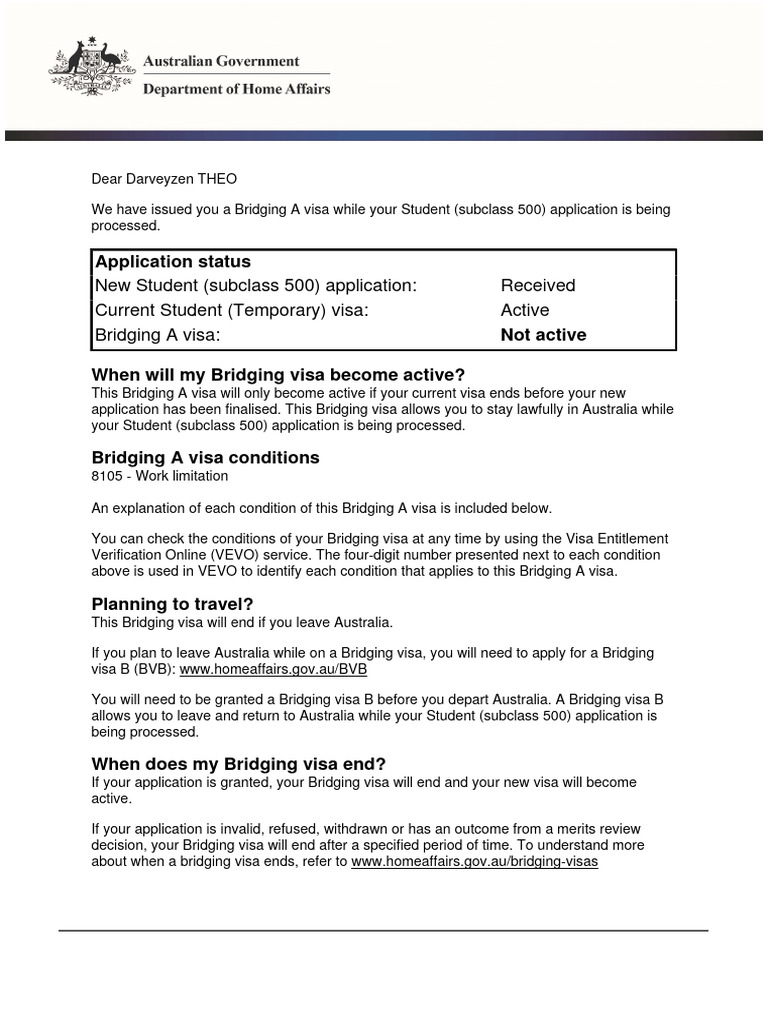 Bridging Visa A Student To Student Sample | PDF