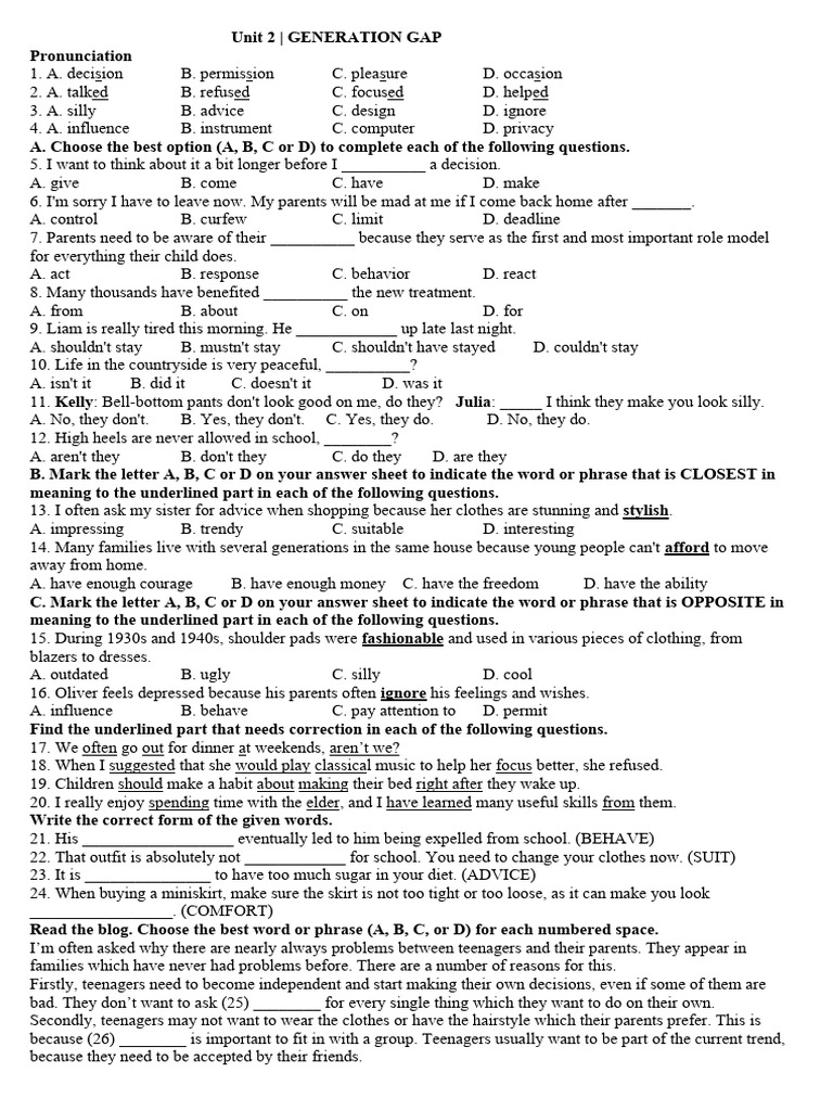 Unit 2 Test: Generation Gap Insights | PDF | Experience | Stereotypes
