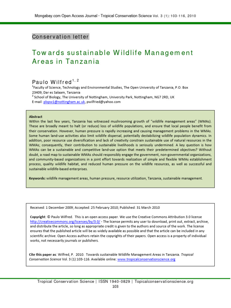 Wilfred 2010 Towards Sustainable Wildlife Management Areas In
