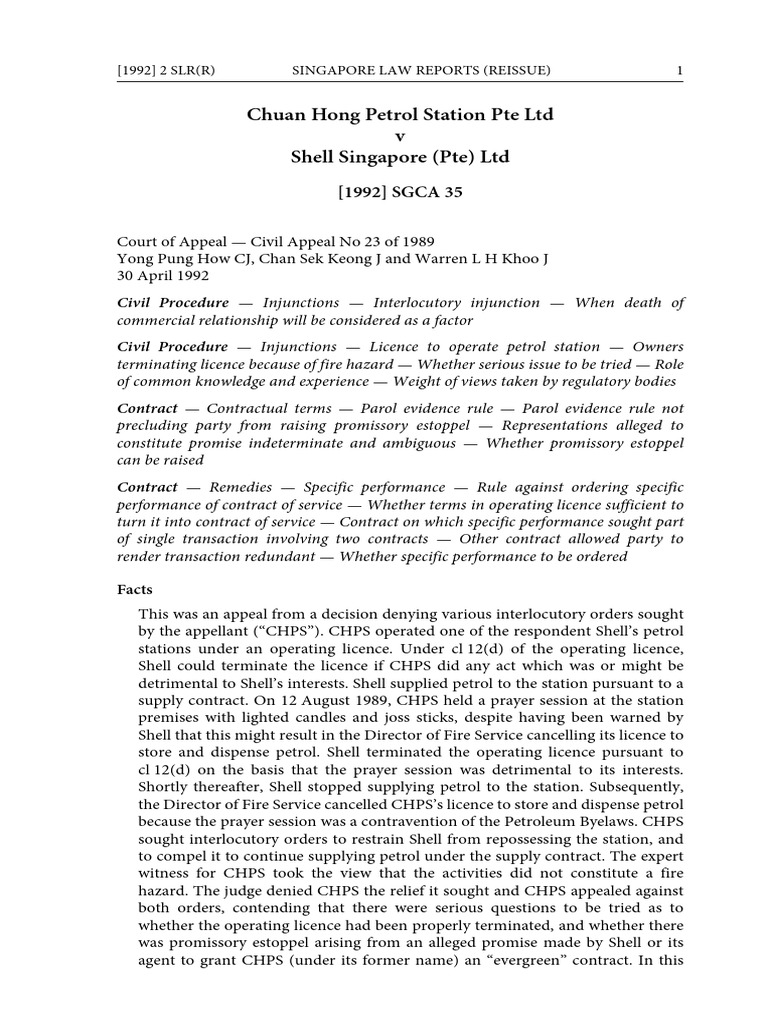 CHUAN HONG PETROL STATION PTE LTD V SHELL SINGAPORE (PTE) LTD | PDF ...