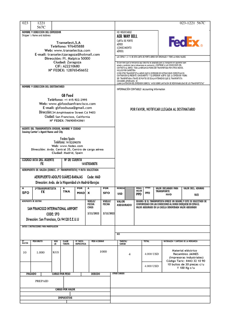 Air Waybill (Ejemplo) | Descargar gratis PDF | Economias