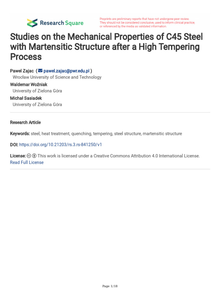C45 Steel Mechanical Properties Study | PDF | Heat Treating | Steel
