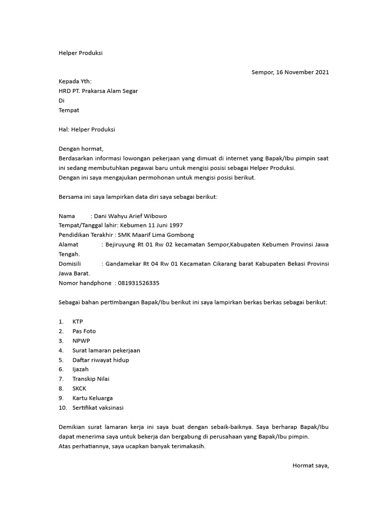 Surat Lamaran Pekerjaan Dani Wahyu A.W | PDF