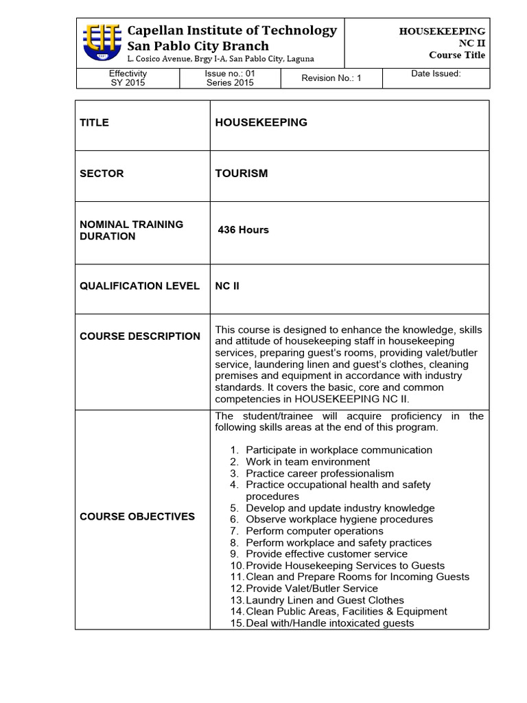 Housekeeping NC II Course Overview | PDF | Occupational Safety And ...