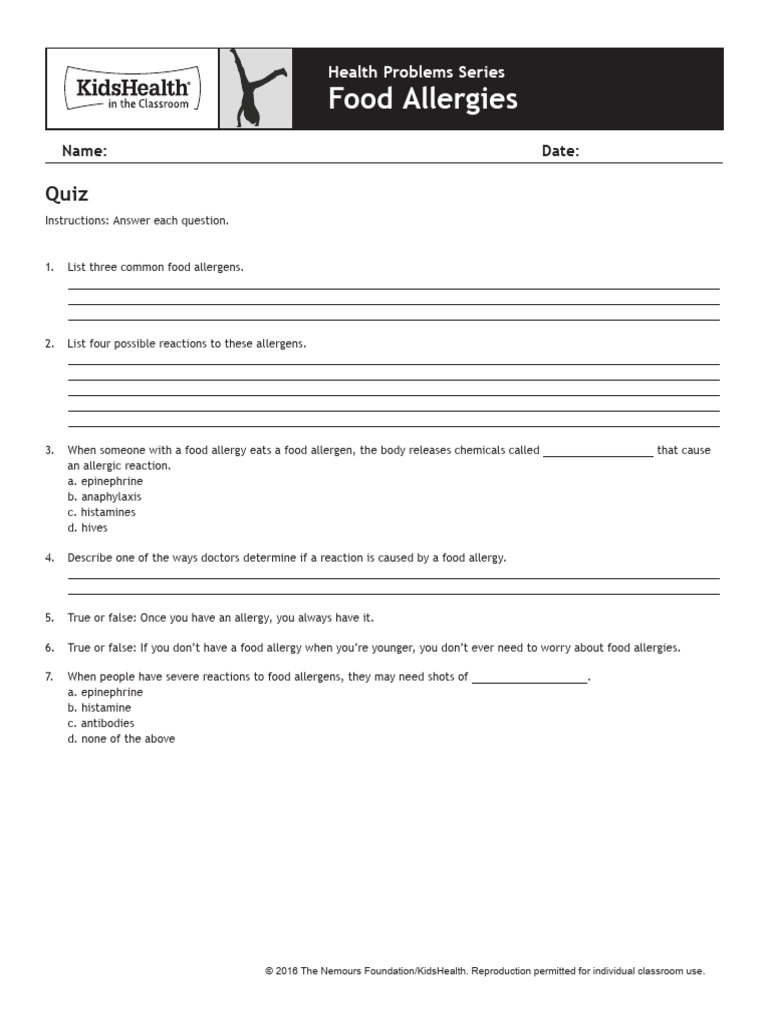 Food Allergies Quiz | PDF