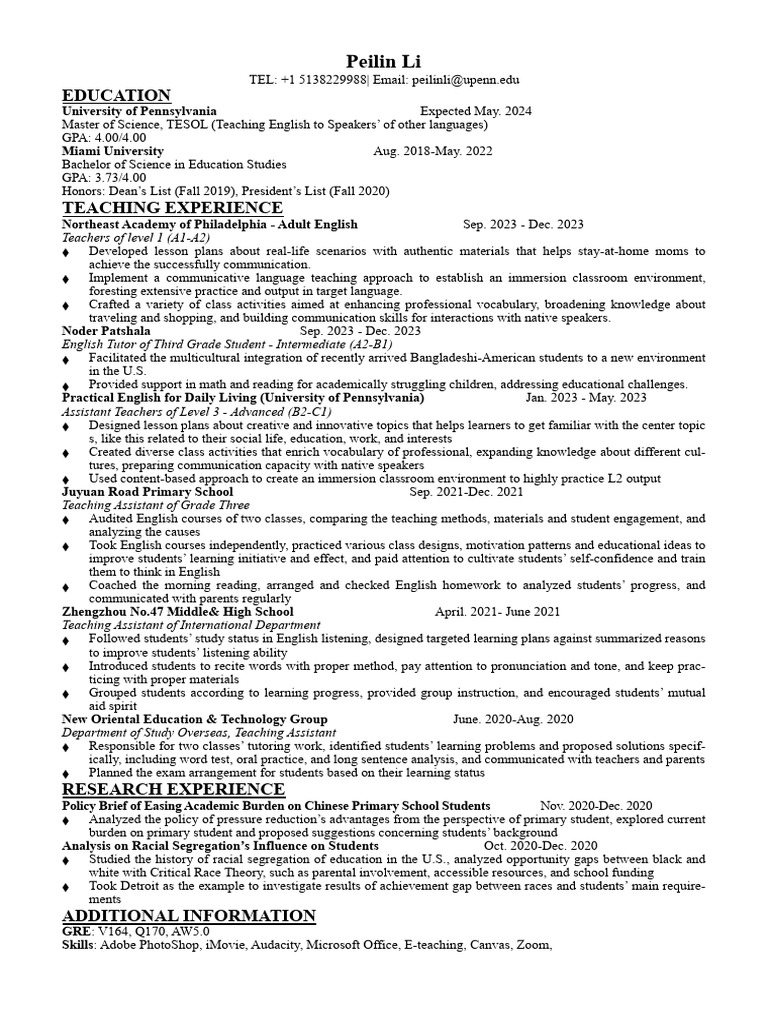 peilin li resume | PDF