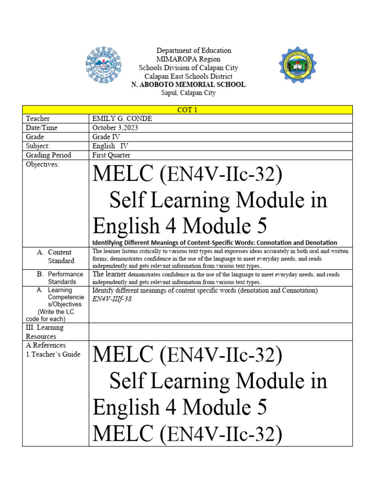 Cot 1 in English-2023-2024 | PDF | Learning | Curriculum