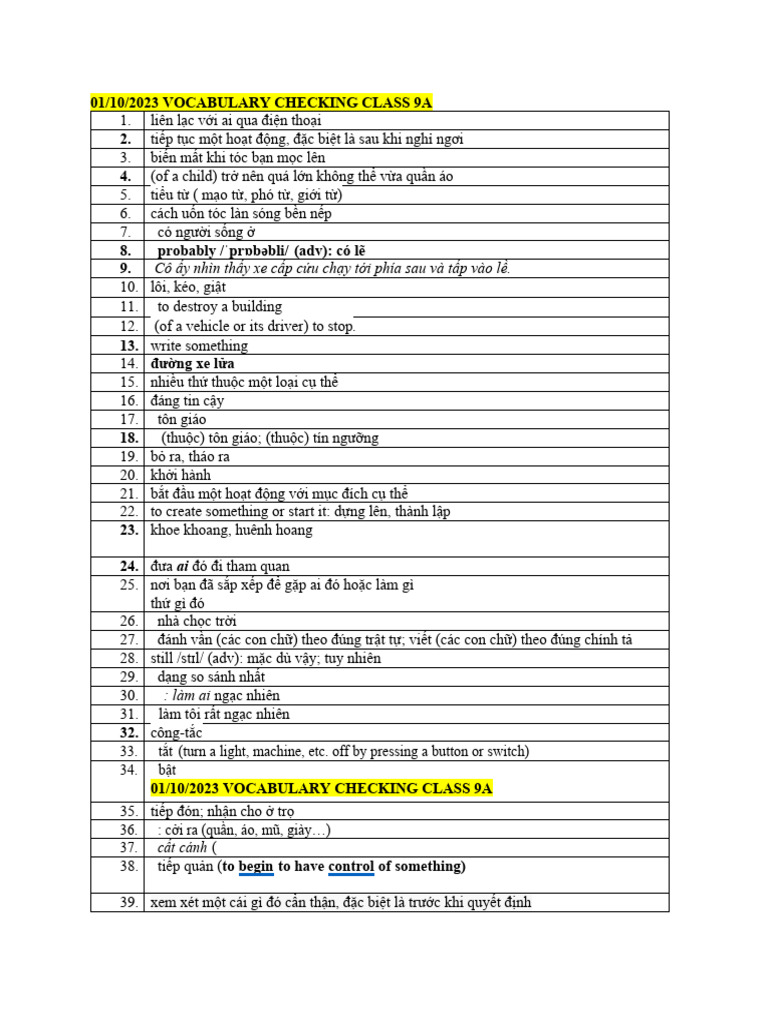 01.10.2023 Student Vocabulary Checking Class 9a | PDF