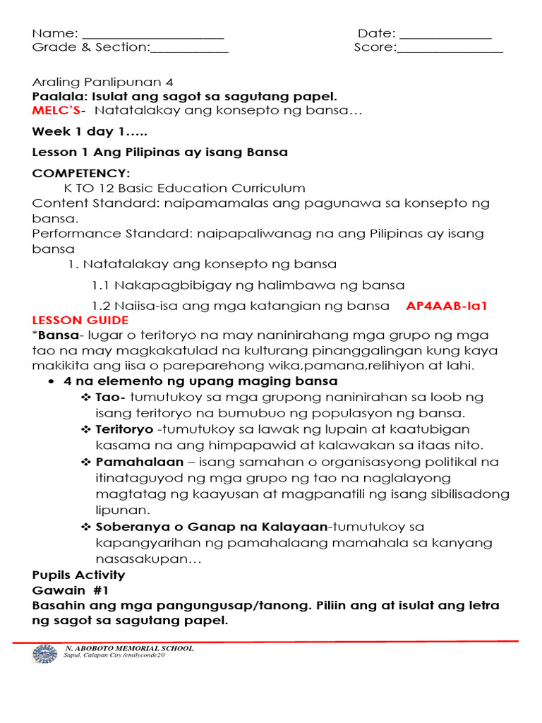 Araling Panlipunan 4 worksheet | PDF