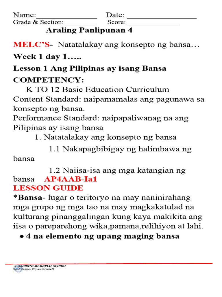 Araling Panlipunan 4 worksheet | PDF