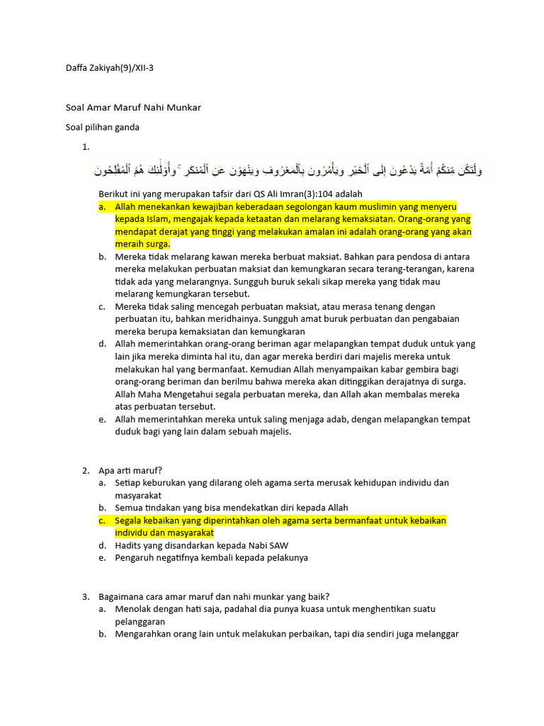 Contoh Soal PAI Akhlak Amar Maruf Nahi Munkar | PDF | Karier & Perkembangan