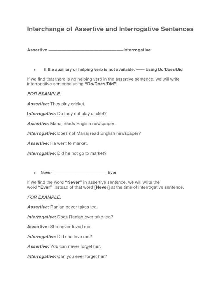 Lecture Sheet - Assertive To Interrogative | PDF | Grammar | Linguistics