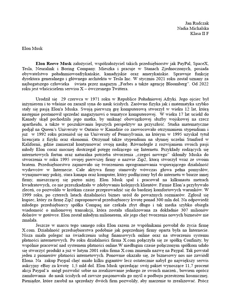 Elon Reeve Musk Założyciel, Współzałożyciel Takich Przedsiębiorstw Jak ...