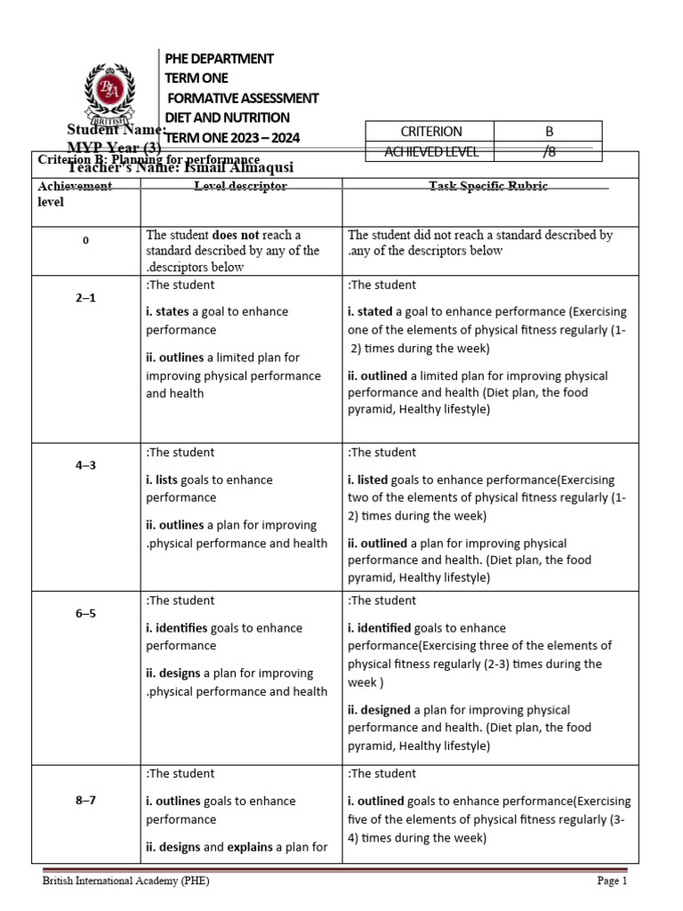 BIA PHE Year3 Unit1 Dit and Nutrition Formative Assessment | PDF | Dieting | Physical Fitness