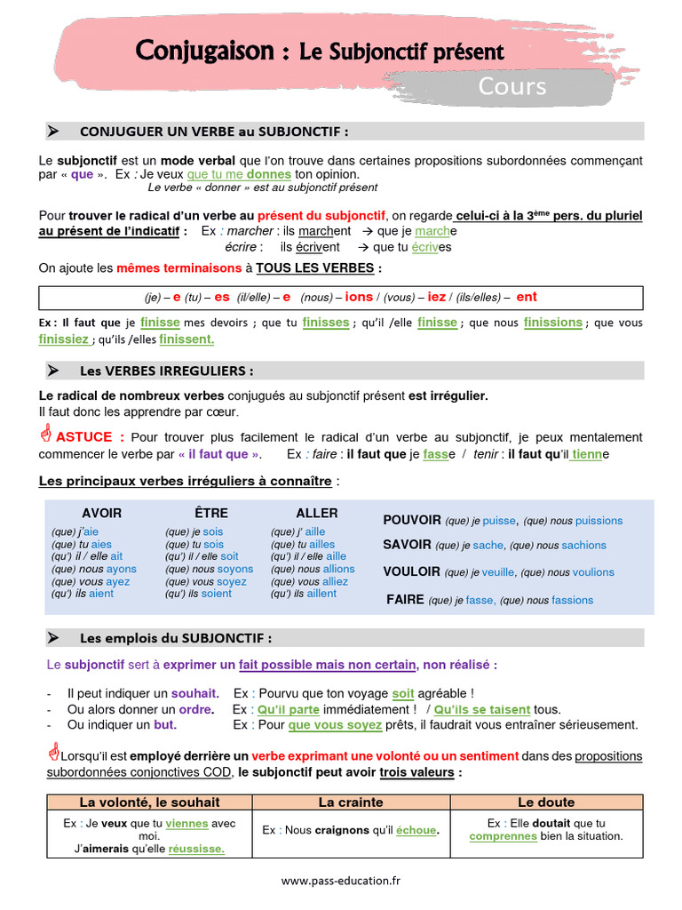 Cours Le Subjonctif Présent - 5ème | PDF | Verbe | Morphologie linguistique