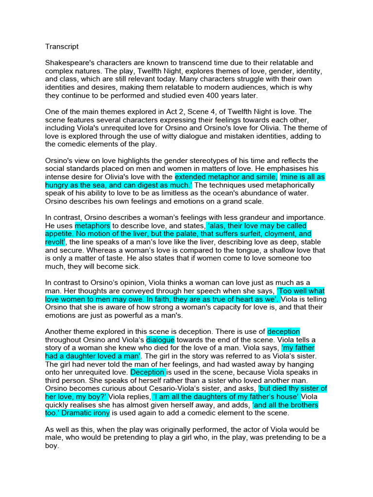 Transcript English Assessment 1 | PDF | Twelfth Night | Love
