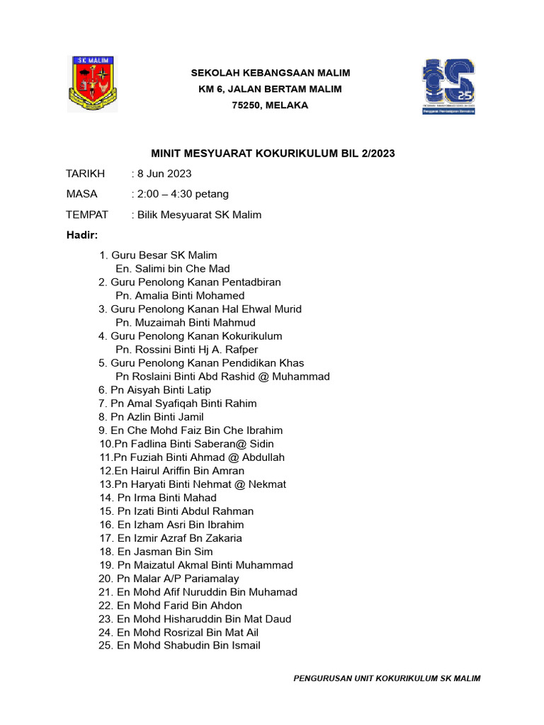Minit Mesyuarat Kokurikulum Kedua 2023 | PDF