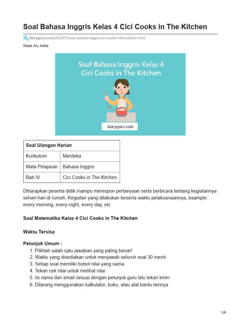 Soal Bahasa Inggris Kelas 4 Cici Cooks in The Kitchen | PDF | Wellness