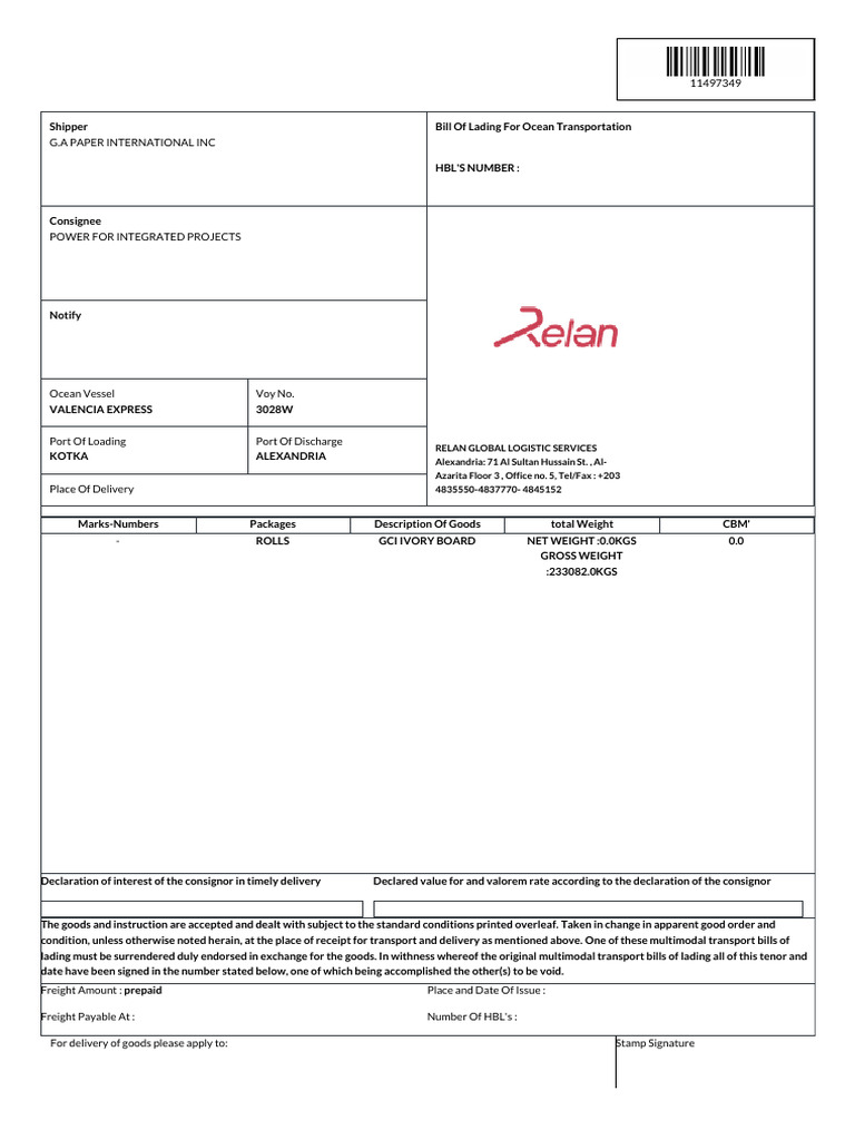Ocean Bill Of Lading (1) | PDF | Cargo | Bill Of Lading