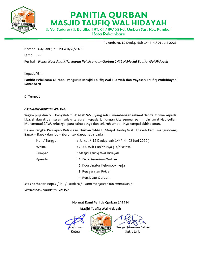 03 Surat Undangan Rapat Panitia Qurban 1444 H | PDF