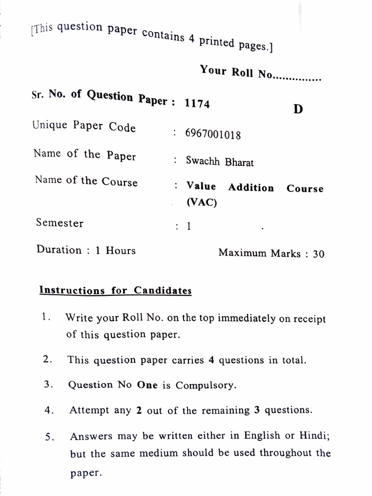 Swachh Bharat VAC 1st Sem Question Paper | PDF