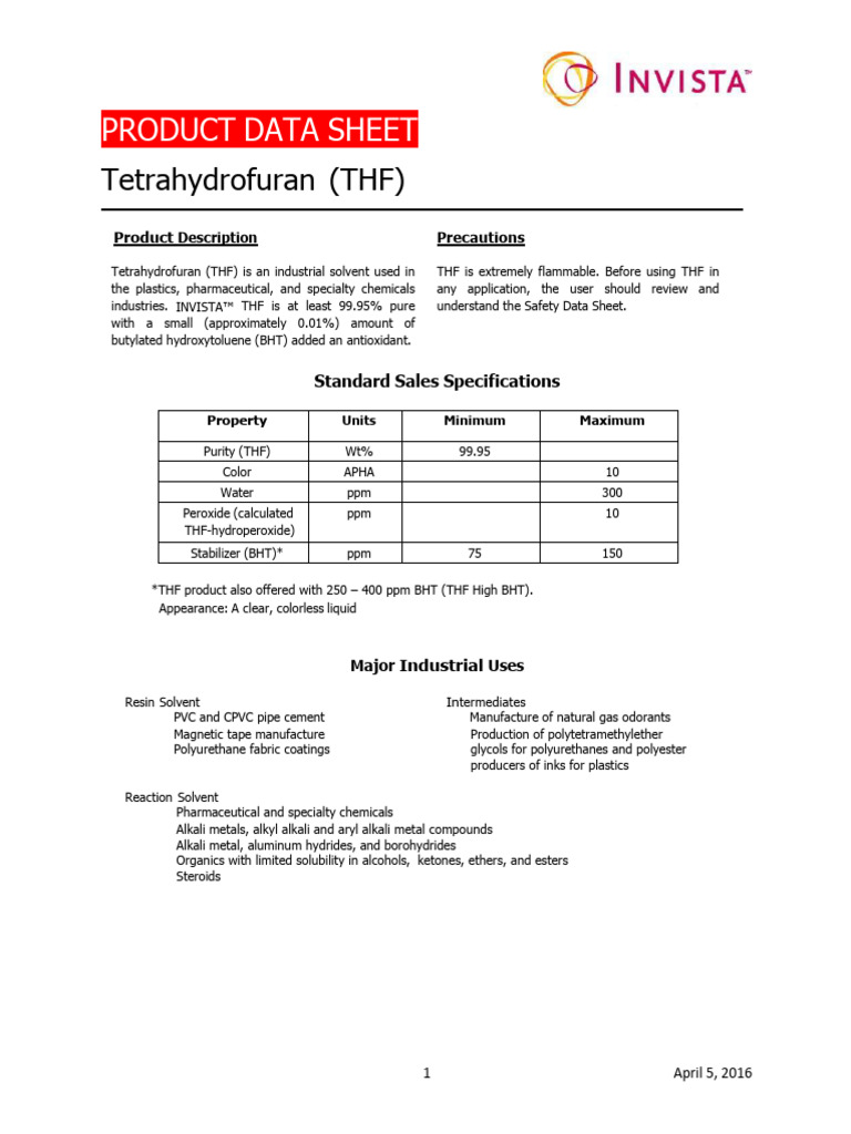 INVISTA Tetrahydrofuran THF Technical Data Sheet | PDF ...