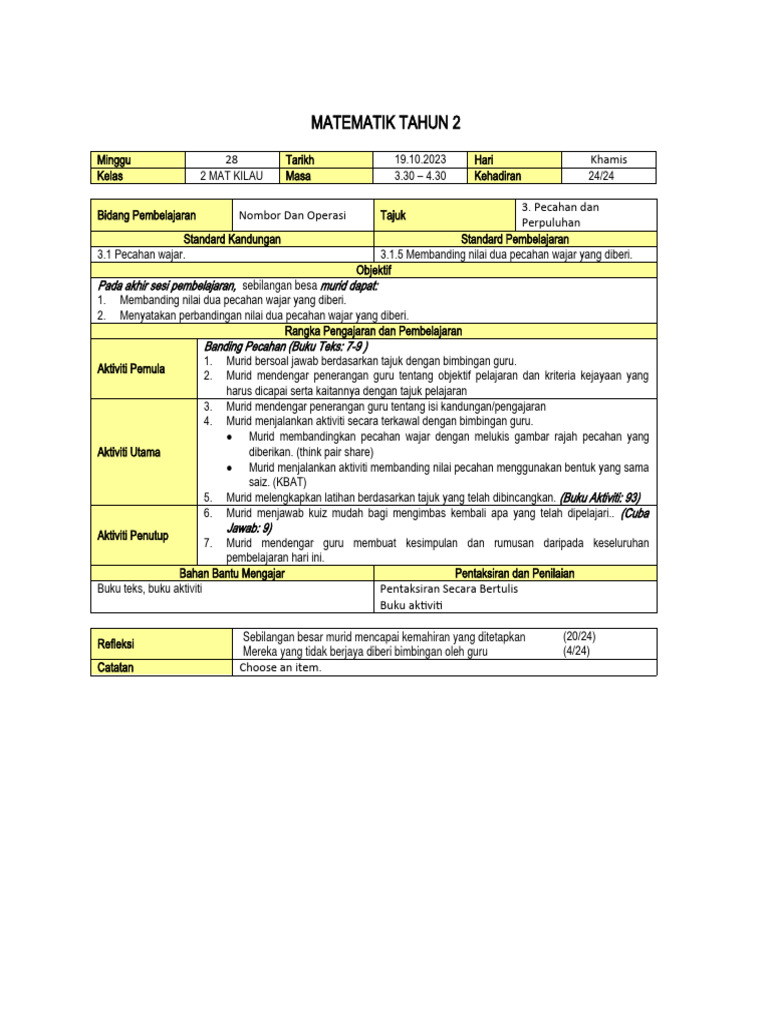 RPH Matematik Tahun 2 | PDF