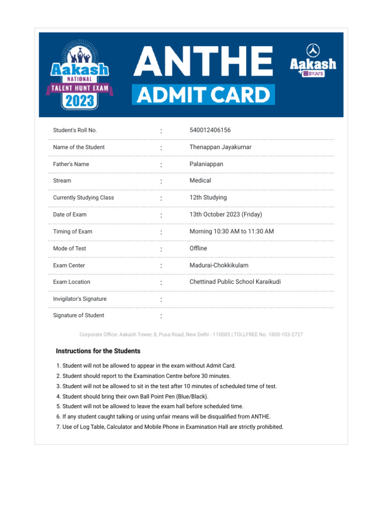 Admitcard - Scholarships Exam | PDF