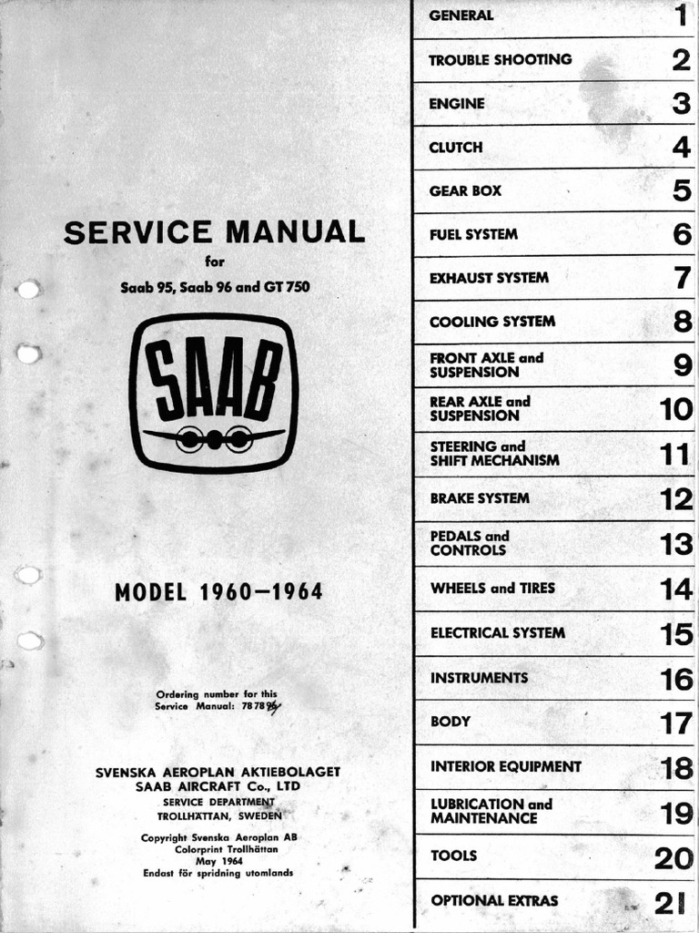 Saab Serive Manual 95 96 GT75 Model 1960 1964 | PDF