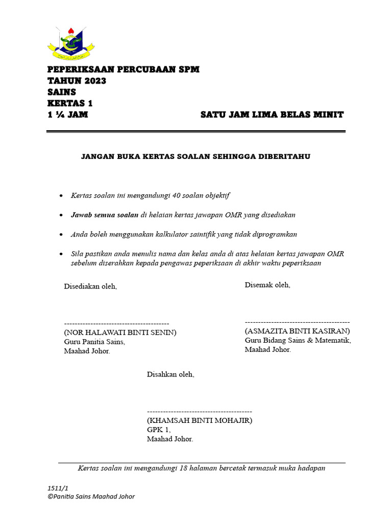Kertas 1 Sains Trial 2023 JB | PDF