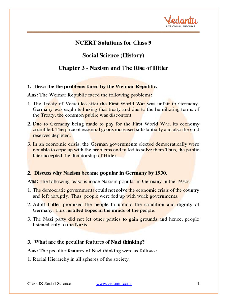 NCERT Solutions For Class 9 Social Chapter 3 - Nazism and The Rise of ...