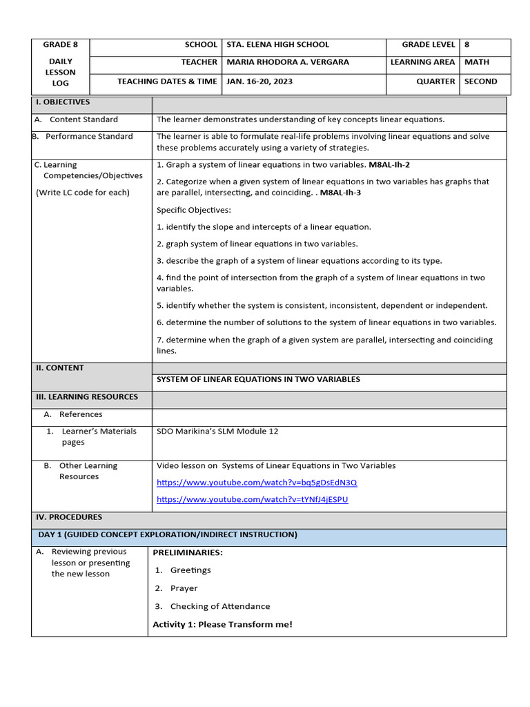 Math8 - DLL - System of Linear Equation in Two Variables - Module12 | PDF | System Of Linear ...