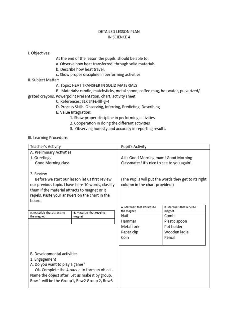 Detailed Lesson Plan | Download Free PDF | Thermal Conduction | Heat