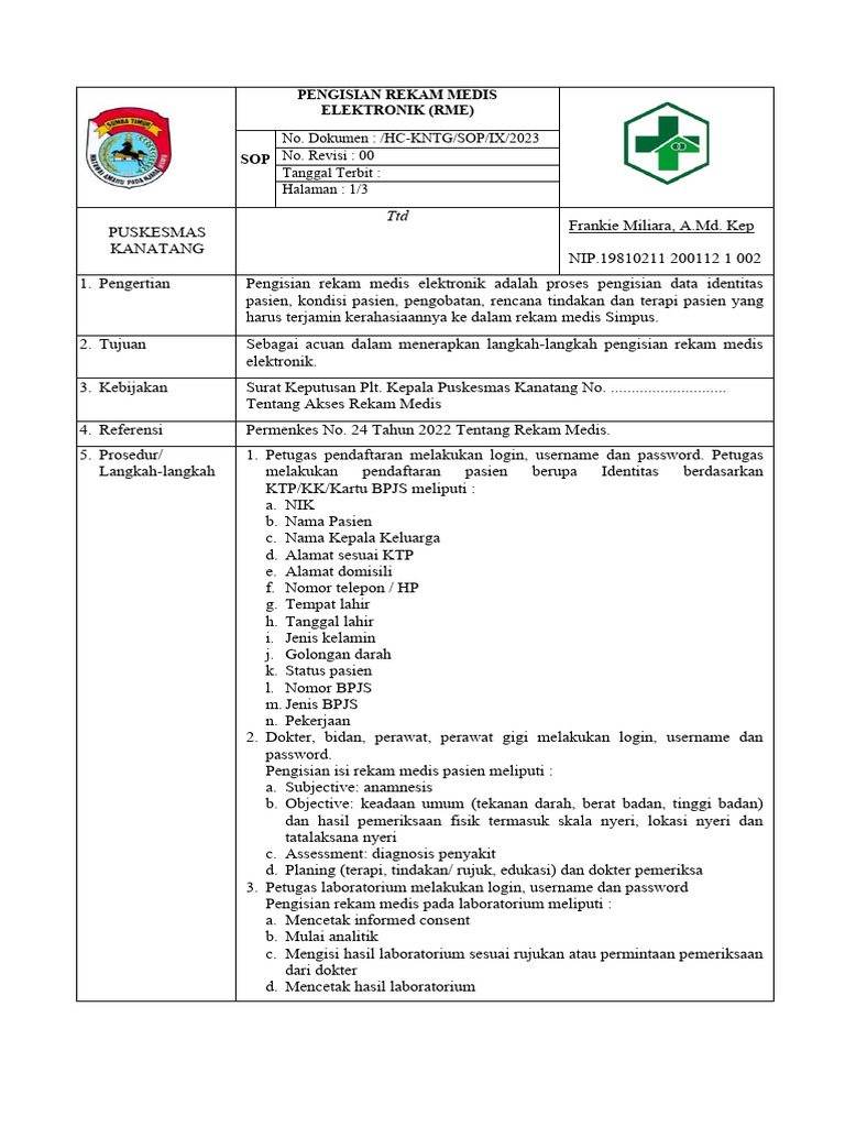 SOP PENGISIAN REKAM MEDIS ELEKTRONIK (RME) | PDF
