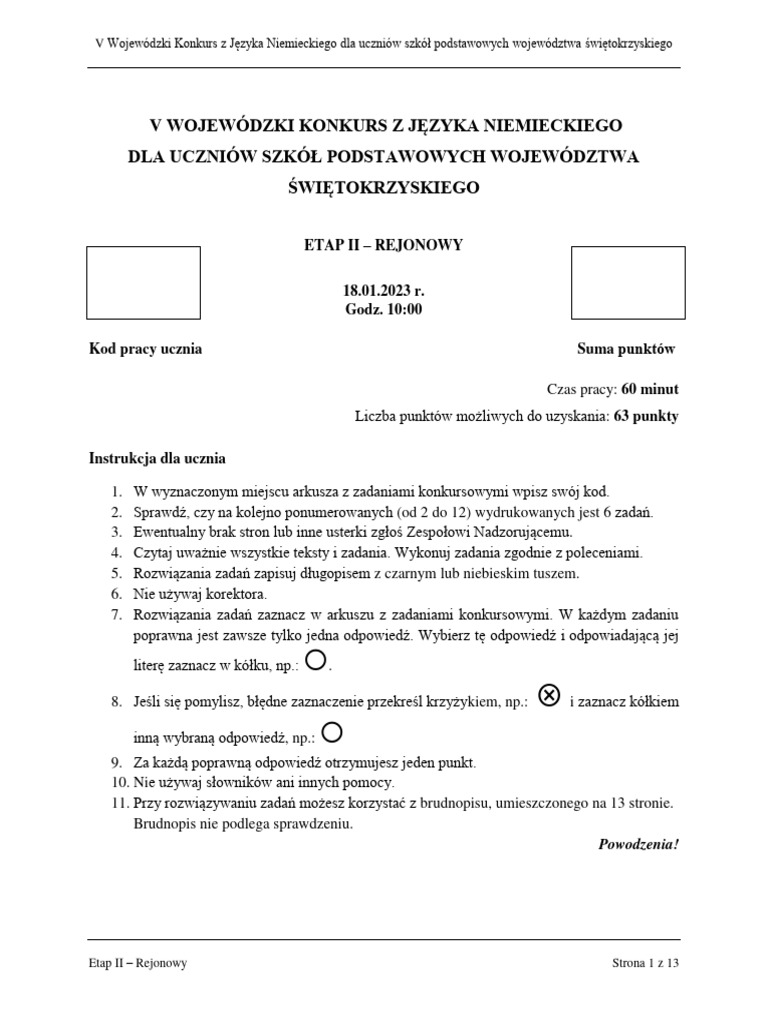 2022 2023 Etap II Arkusz Z Zadaniami - V Wojewodzki Konkurs Z Jezyka Niemieckiego | PDF