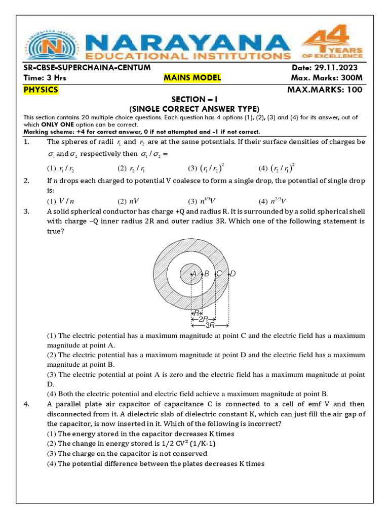 Sr-Cbse-Superchaina-Centum Main QP-29.11.2023 | PDF | Capacitor | Capacitance