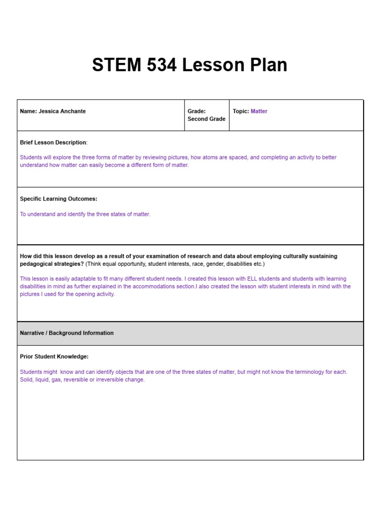 stem 534 lesson plan | PDF | Matter | Lesson Plan