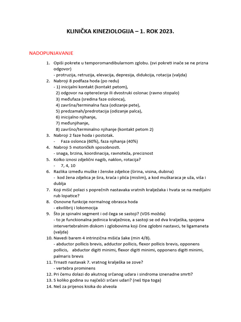 KINEZIOLOGIJA 1. ROK 2023., 3. I 4. ROK 2022 (Novo) | PDF